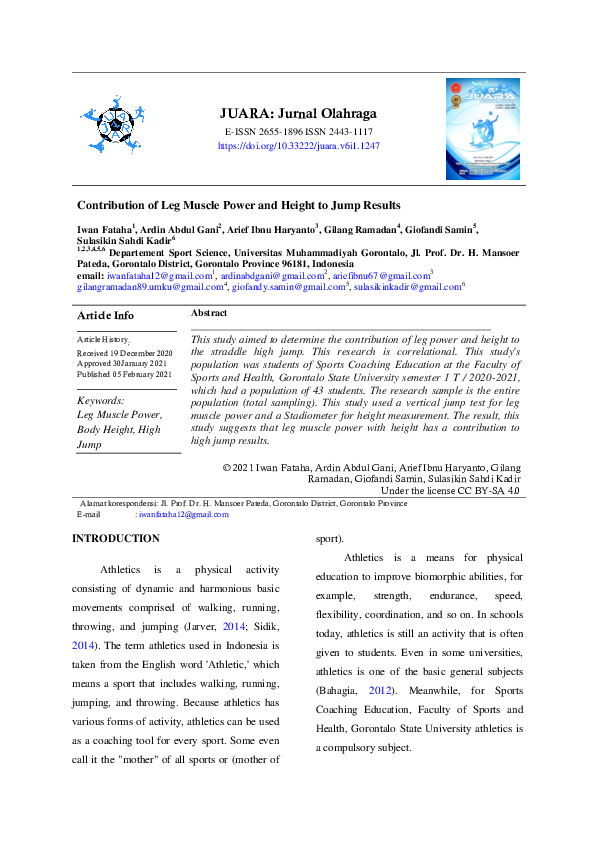(PDF) Contribution of Leg Muscle Power and Height to High Jump Results