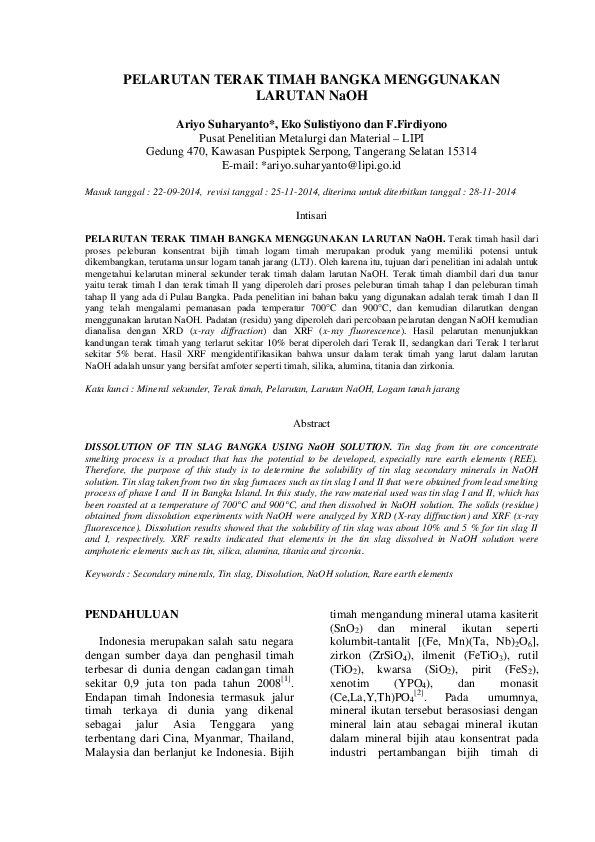 (PDF) PELARUTAN TERAK TIMAH BANGKA MENGGUNAKAN LARUTAN NaOH ...