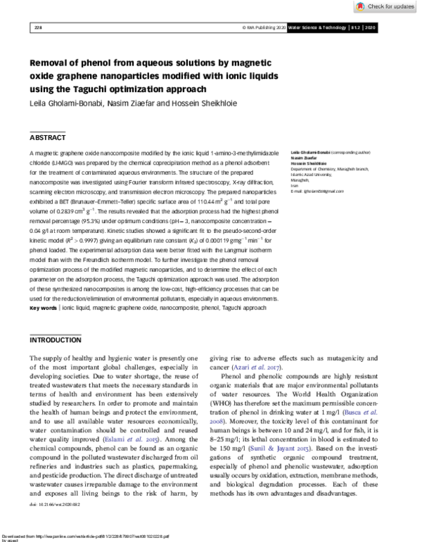 (PDF) Removal of phenol from aqueous solutions by magnetic oxide graphene nanoparticles modified ...