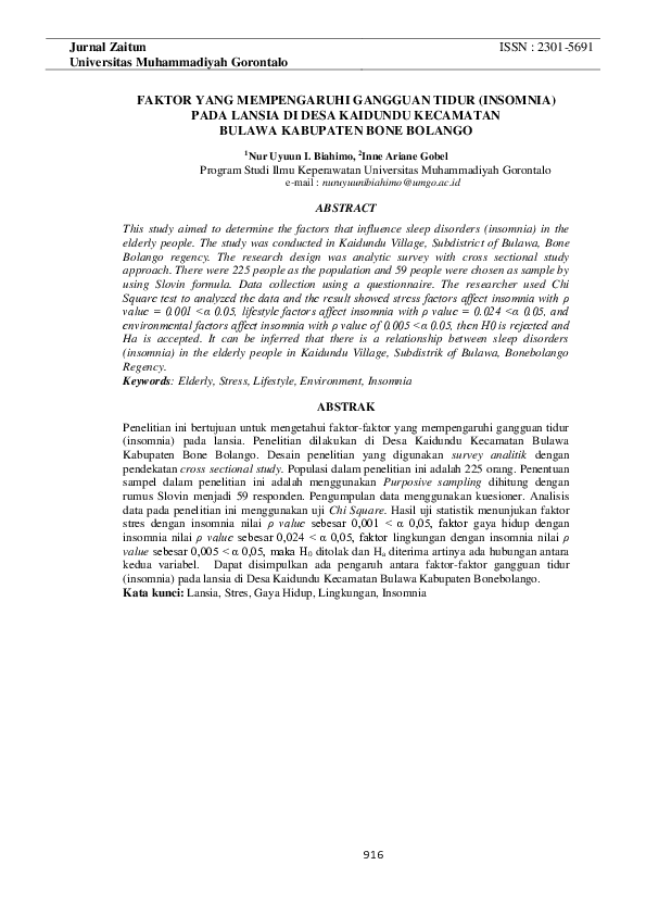 (PDF) Faktor Yang Mempengaruhi Gangguan Tidur (Insomnia) Pada Lansia DI Desa Kaidundu Kecamatan ...