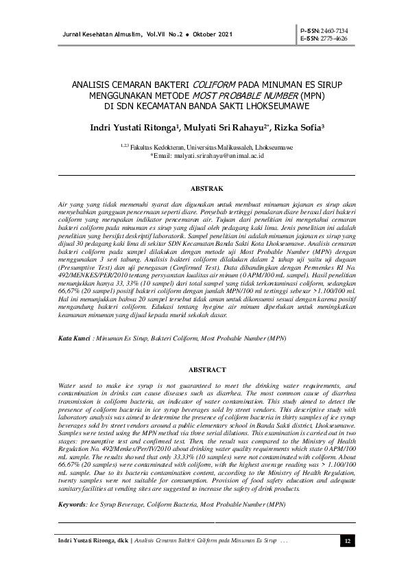 (PDF) ANALISIS CEMARAN BAKTERI COLIFORM PADA MINUMAN ES SIRUP ...