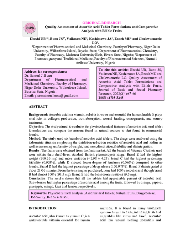 (PDF) Quality Assessment of Ascorbic Acid Tablet Formulations and ...