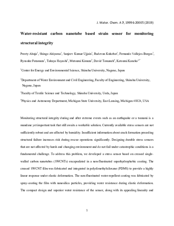 Pdf A Water Resilient Carbon Nanotube Based Strain Sensor For Monitoring Structural Integrity