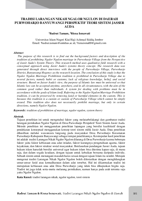 (PDF) Tradisi Larangan Nikah Ngalor Ngulon di Daerah Purwoharjo Banyuwangi Perspektif Teori ...