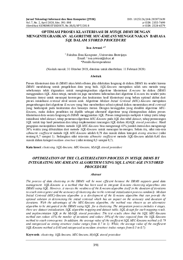 (PDF) Optimasi Proses Klasterisasi di MySQL DBMS dengan Mengintegrasikan Algoritme MIC-Kmeans ...
