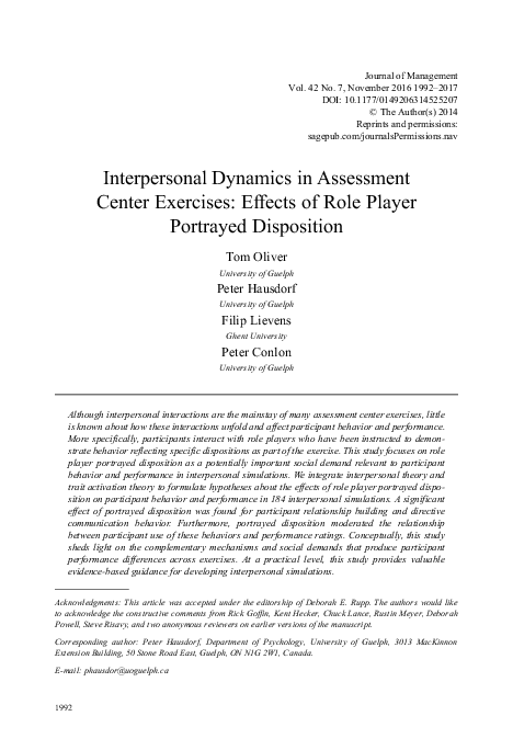 (PDF) Interpersonal Dynamics in Assessment Center Exercises
