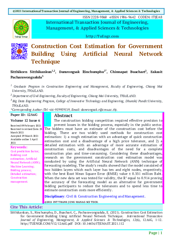 Pdf Construction Cost Estimation For Government Building Using