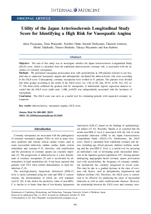 (PDF) Utility of the Japan arteriosclerosis longitudinal study score ...