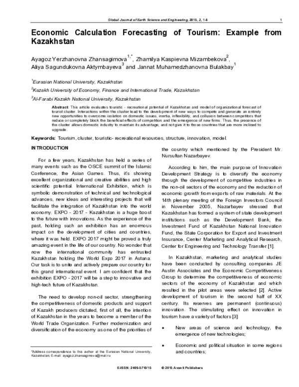 Pdf Economic Calculation Forecasting Of Tourism Example From Kazakhstan