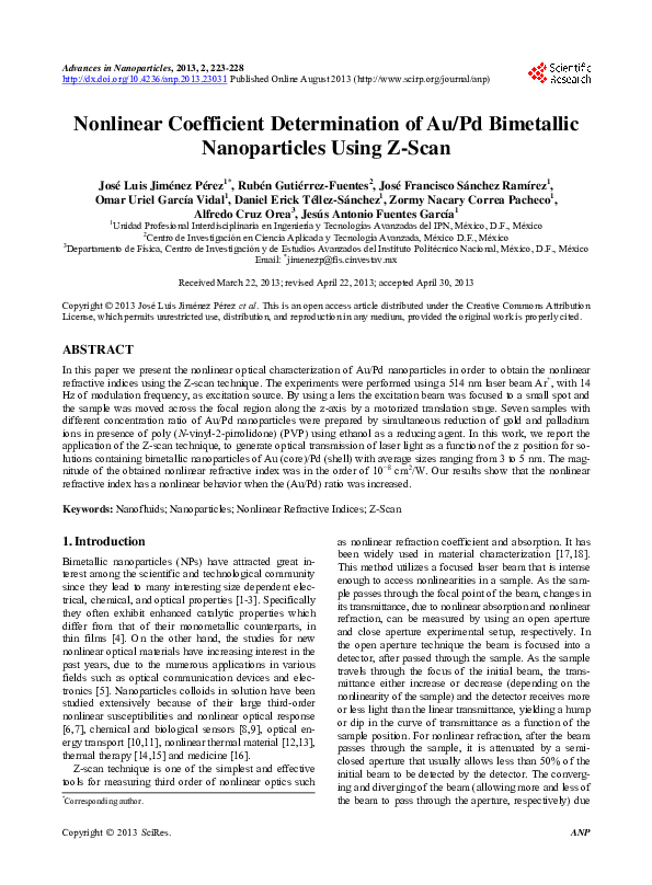 (PDF) Nonlinear Coefficient Determination of Au/Pd Bimetallic Nanoparticles Using Z-Scan