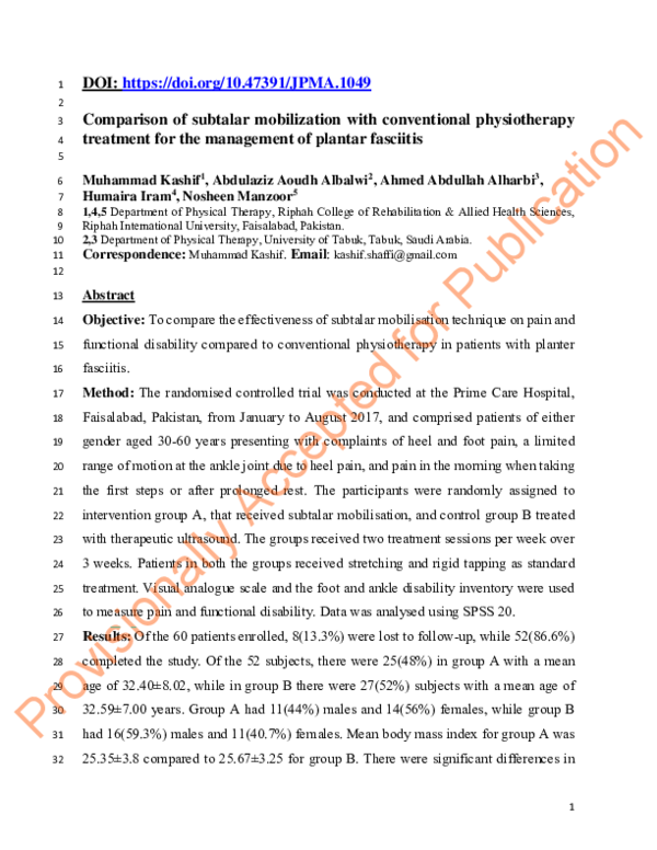 (PDF) Comparison of subtalar mobilization with conventional ...