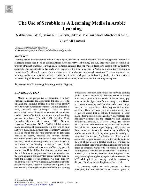(PDF) The Use of Scrabble as A Learning Media in Arabic Learning