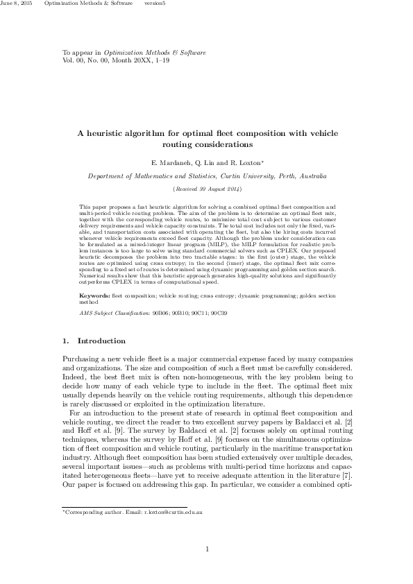 Pdf A Heuristic Algorithm For Optimal Fleet Composition With Vehicle
