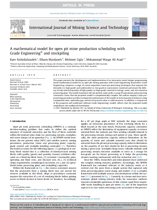(PDF) A mathematical model for open pit mine production scheduling with Grade Engineering® and ...