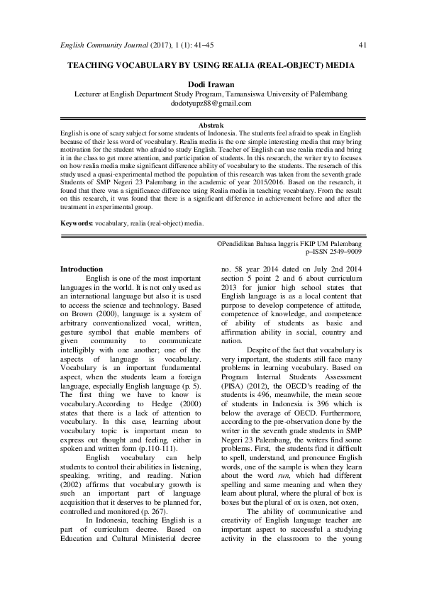 (PDF) Teaching Vocabulary by Using Realia (Real-Object) Media