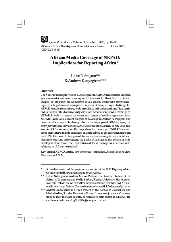 (PDF) African media coverage of NEPAD: implications for reporting Africa