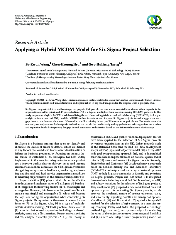 (PDF) Applying a Hybrid MCDM Model for Six Sigma Project Selection