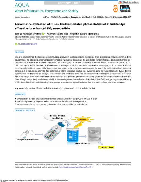 Pdf Performance Evaluation Of In Situ Fenton Mediated Photocatalysis Of Industrial Dye