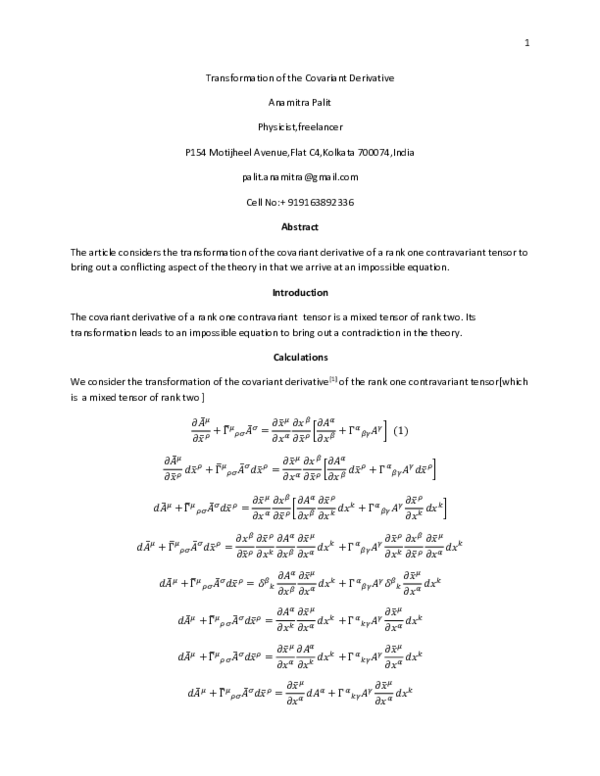 (PDF) Transformation of the Covariant Derivative