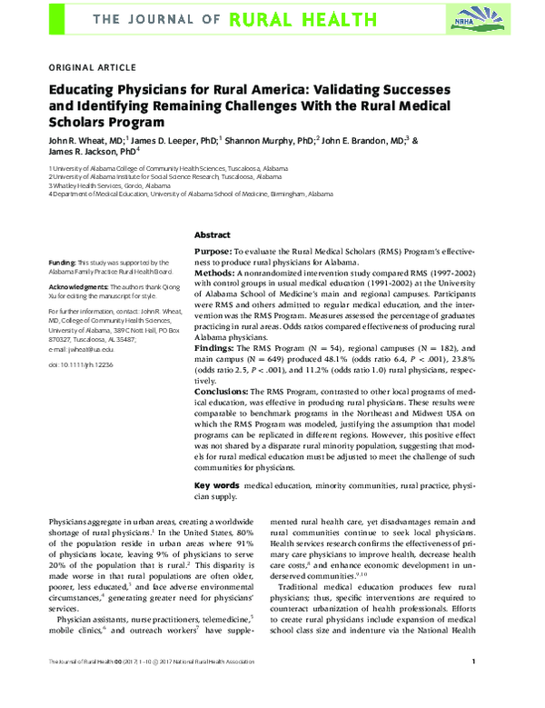 (PDF) Educating Physicians for Rural America: Validating Successes and ...
