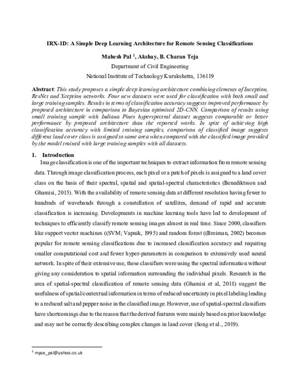 (PDF) IRX-1D: A Simple Deep Learning Architecture for Remote Sensing Classifications