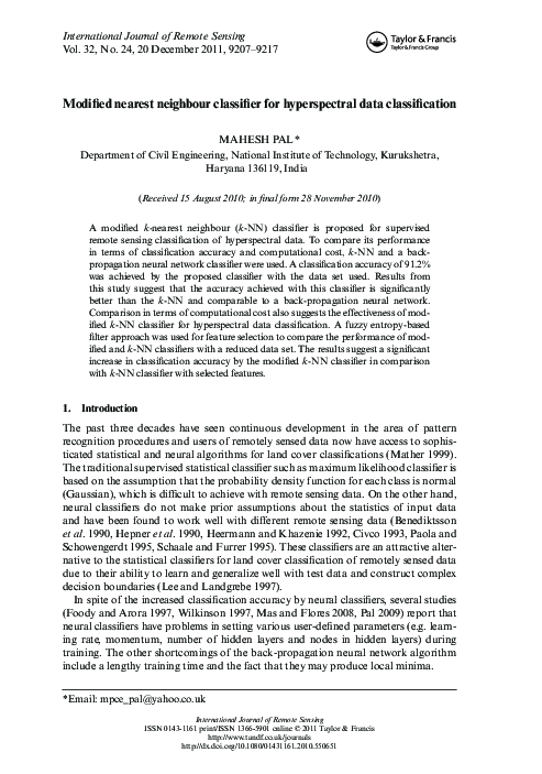 (PDF) Modified nearest neighbour classifier for hyperspectral data classification