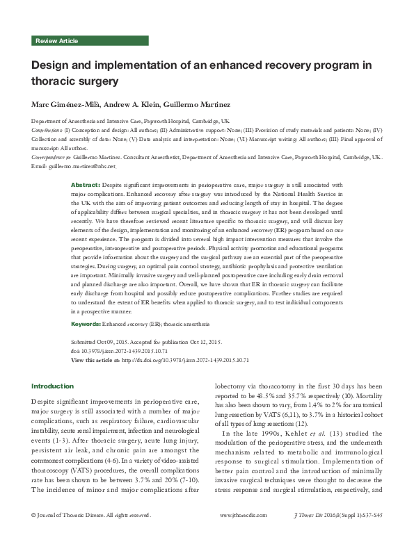 (PDF) Enhanced Recovery Program for Thoracic Surgery: Design ...