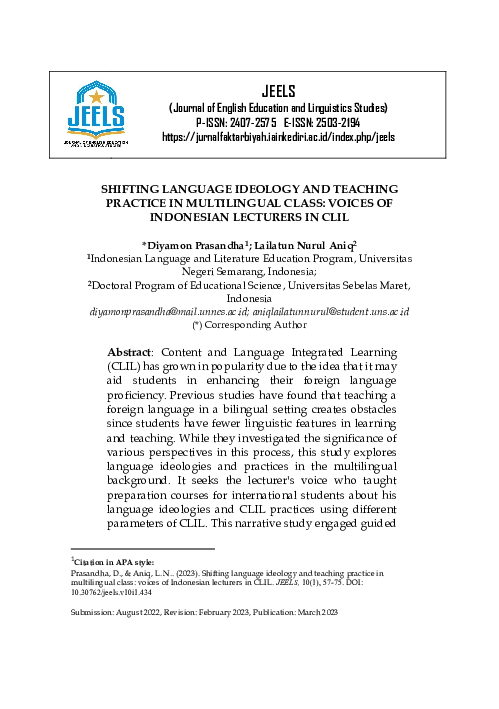 (PDF) Shifting Language Ideology and Teaching Practice in Multilingual Class: Voices of ...