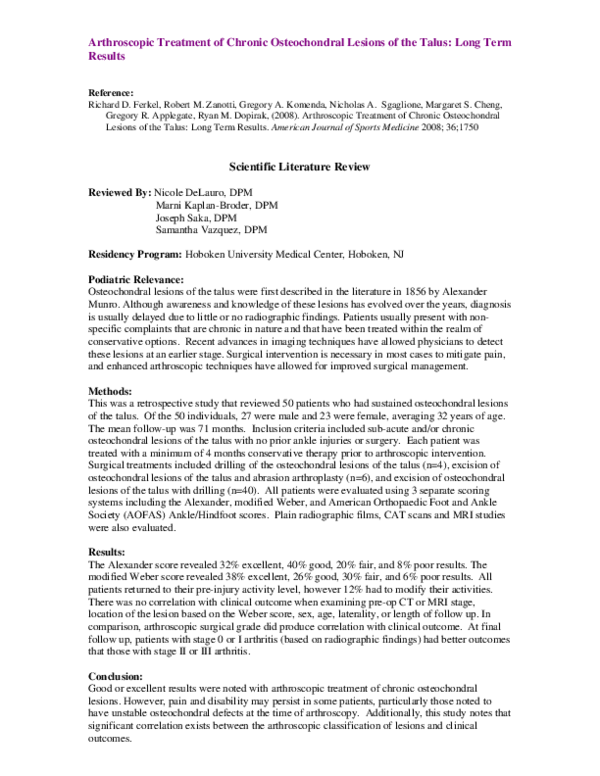 (PDF) Arthroscopic Treatment of Chronic Osteochondral Lesions of the Talus