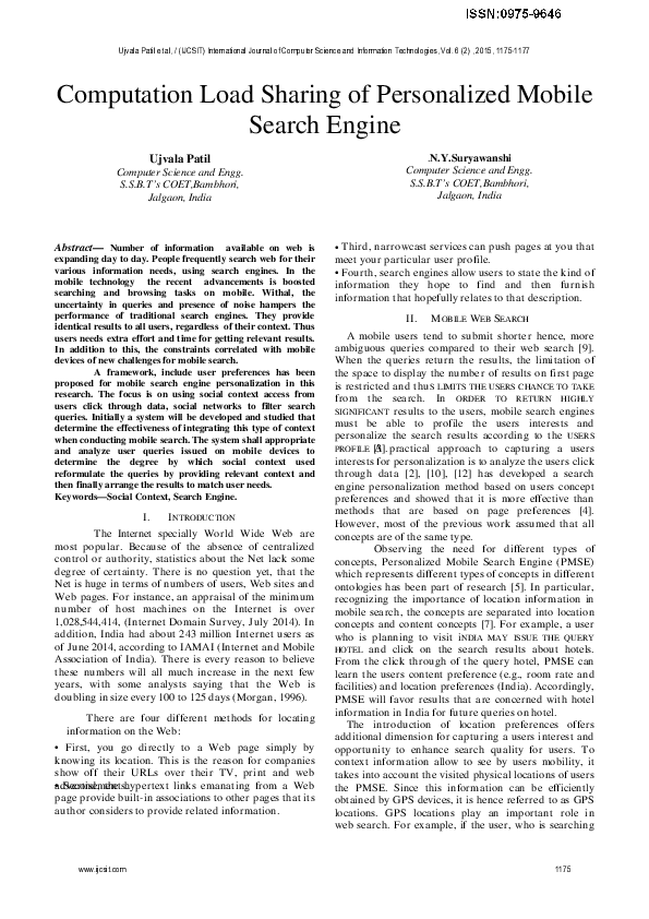 (PDF) Computation Load Sharing of Personalized Mobile Search Engine | ujvala patil - Academia.edu