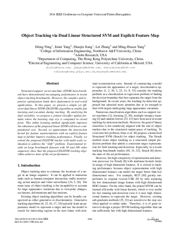Pdf Object Tracking Via Dual Linear Structured Svm And Explicit