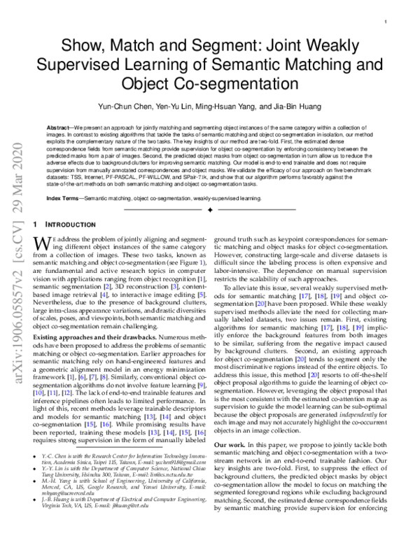 Pdf Show Match And Segment Joint Weakly Supervised Learning Of Semantic Matching And Object