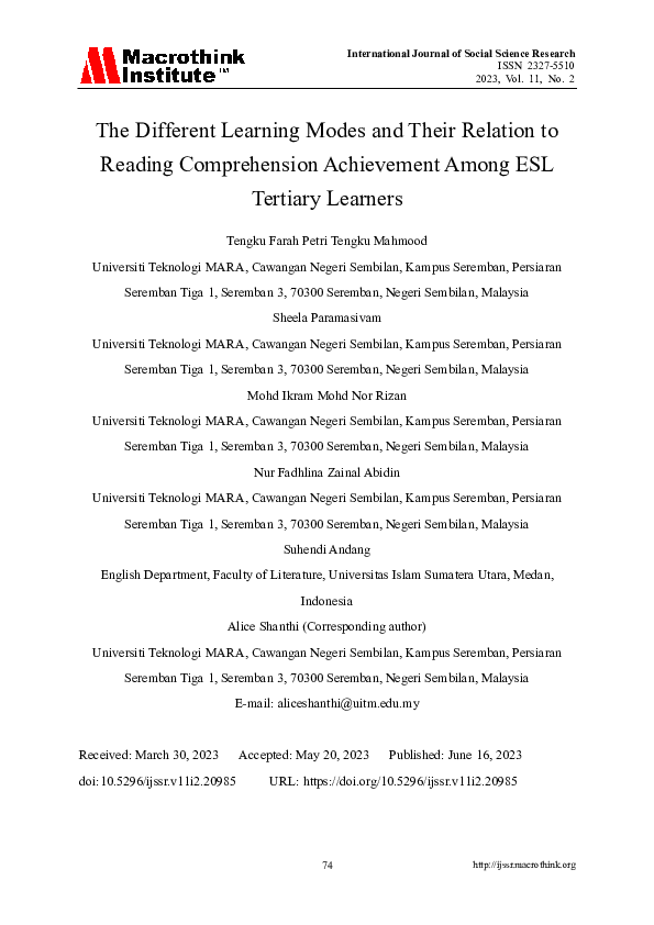 (PDF) The Different Learning Modes and Their Relation to Reading Comprehension Achievement Among ...