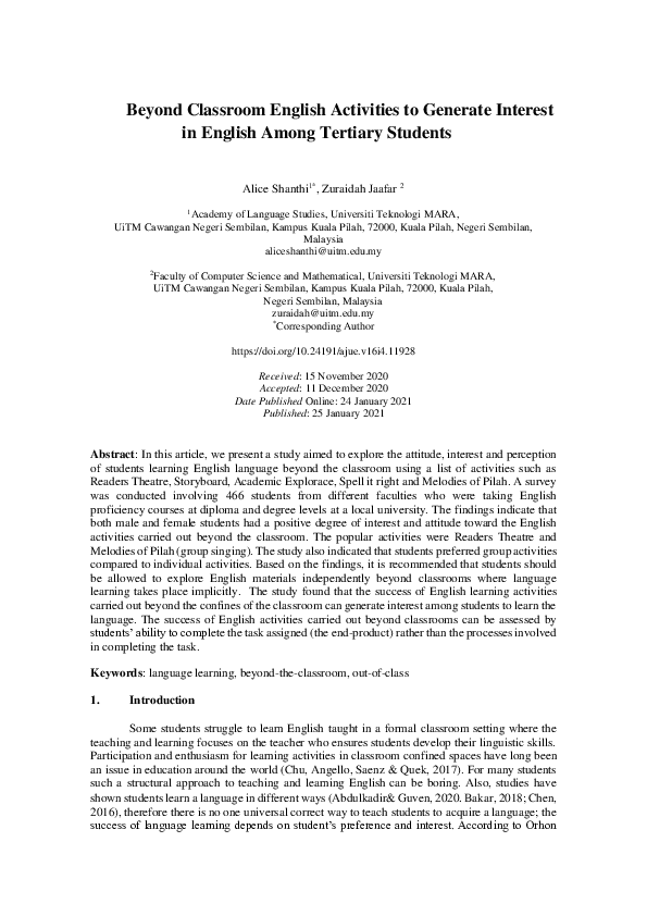 (PDF) Beyond Classroom English Activities to Generate Interest in ...
