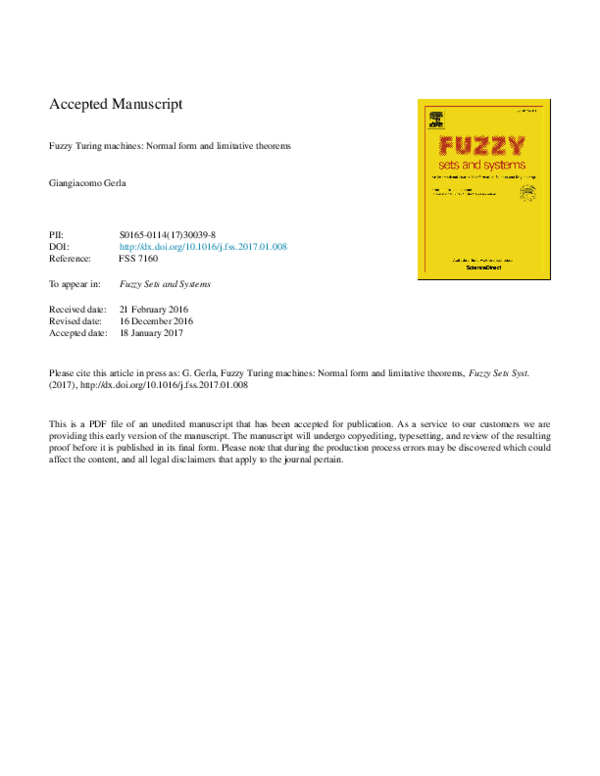 (PDF) Fuzzy Turing machines: Normal form and limitative theorems