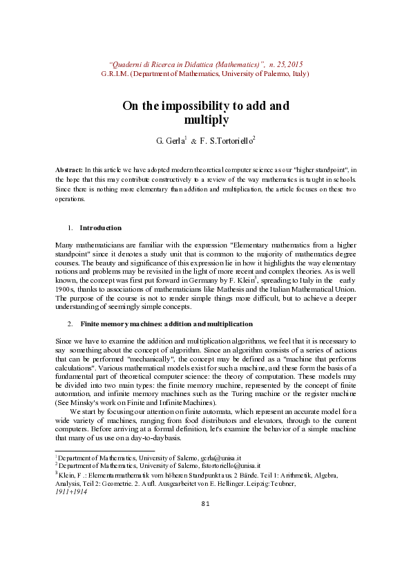 (PDF) On the impossibility to add and multiply