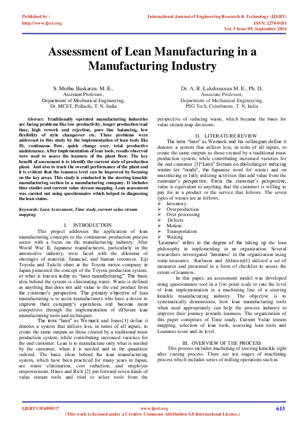 (PDF) Assessment of Lean Manufacturing in a Manufacturing Industry