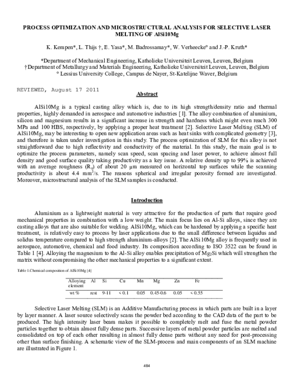 (PDF) Process Optimization and Microstructural Analysis for Selective Laser Melting of AlSi10Mg