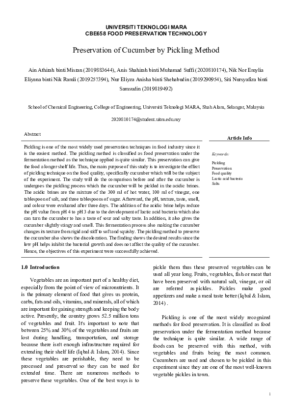 (PDF) CBE658 Food Preservation Technology - Preservation of Cucumber by ...