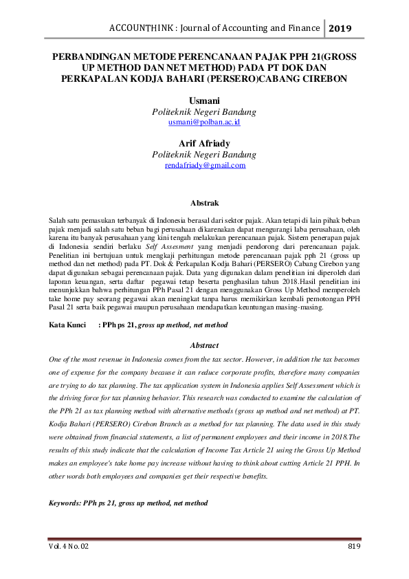 (PDF) Perbandingan Metode Perencanaan Pajak PPH 21(Gross Up Method dan ...