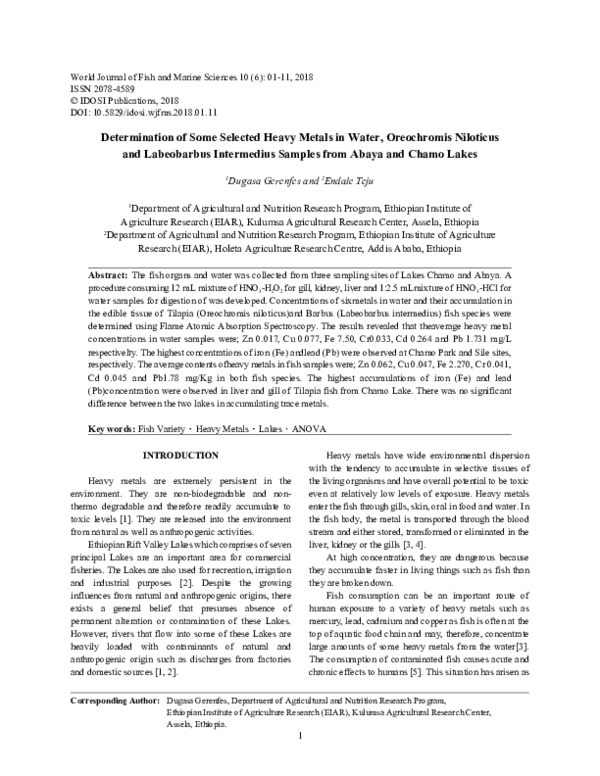 (PDF) Determination of Some Selected Heavy Metals in Water, Oreochromis ...