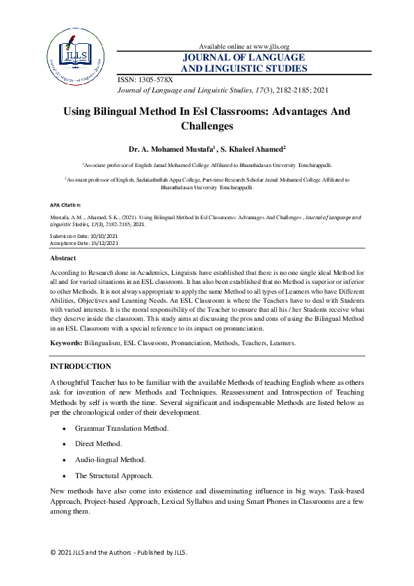 (PDF) Using Bilingual Method In Esl Classrooms: Advantages And Challenges