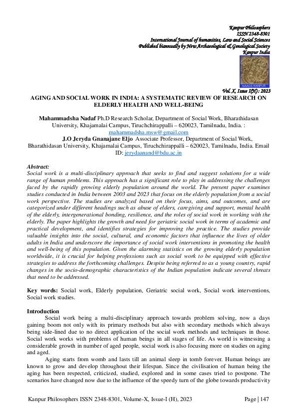 (PDF) AGING AND SOCIAL WORK IN INDIA: A SYSTEMATIC REVIEW OF RESEARCH ON ELDERLY HEALTH AND WELL ...