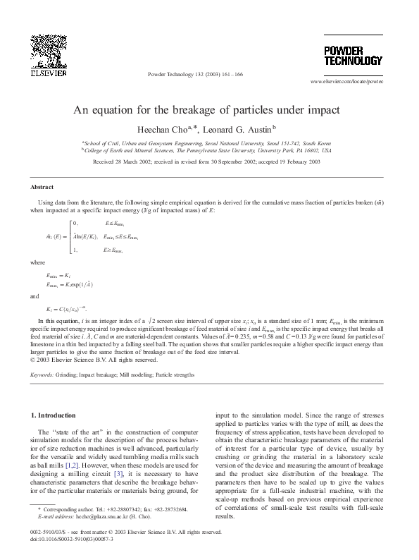 (PDF) An equation for the breakage of particles under impact