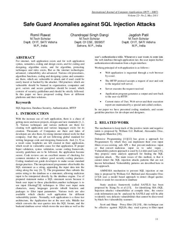 (PDF) Safe Guard Anomalies against SQL Injection Attacks (PDF) Safe Guard Anomalies against SQL Injection Attacks