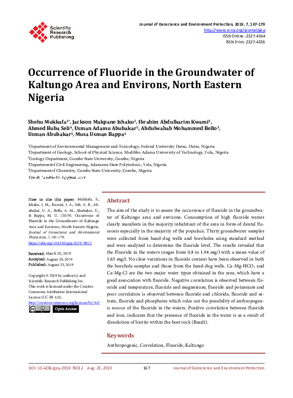 (PDF) Occurrence of Fluoride in the Groundwater of Kaltungo Area and ...