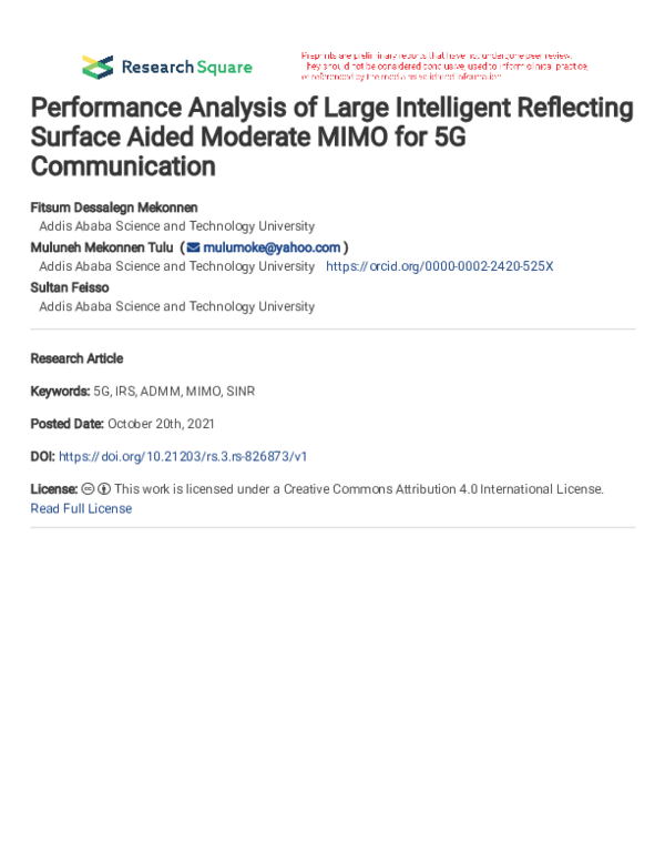 Pdf Performance Analysis Of Large Intelligent Reflecting Surface Aided Moderate Mimo For 5g