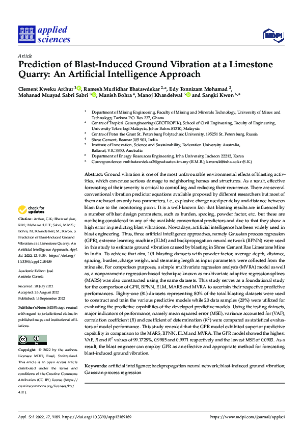 (PDF) Prediction of Blast-Induced Ground Vibration at a Limestone Quarry: An Artificial ...