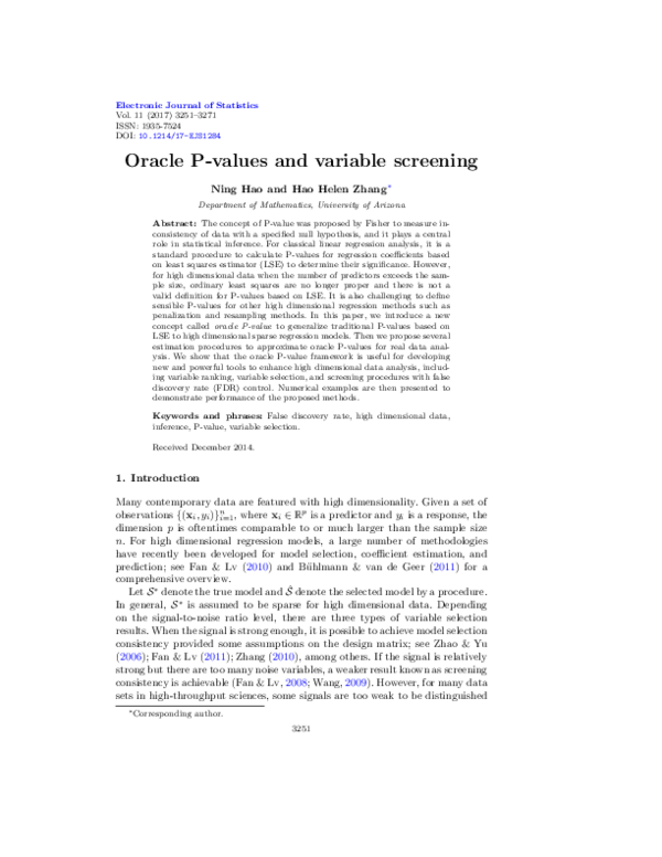 Pdf Oracle P Values And Variable Screening Hao Helen Zhang