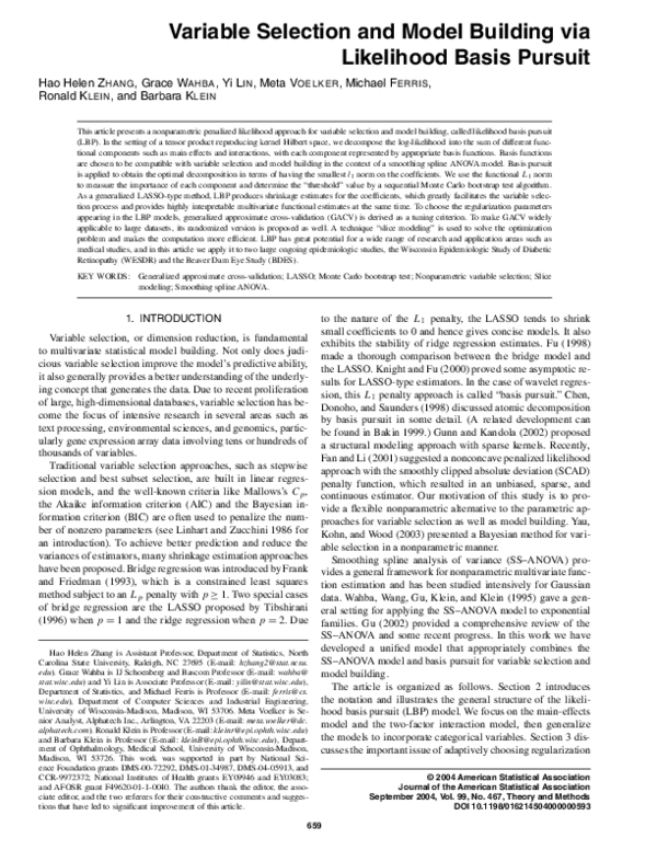 (PDF) Variable Selection and Model Building via Likelihood Basis Pursuit